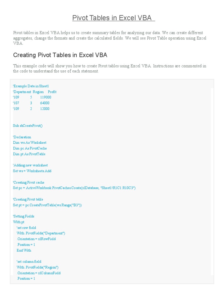 Pivot Tables in Excel VBA | PDF Pivot Tables in Excel VBA | PDF