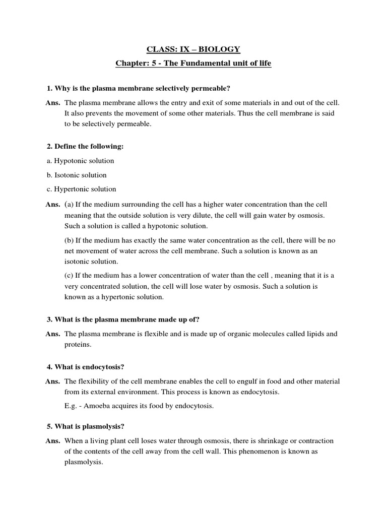 Class: Ix - Biology Chapter: 5 - The Fundamental Unit of Life | Download Free PDF | Cell ...