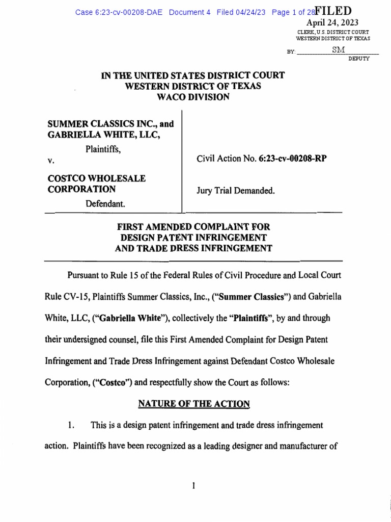 Summer Classics v. Costco - Amended Complaint | PDF | Complaint | Trade Dress