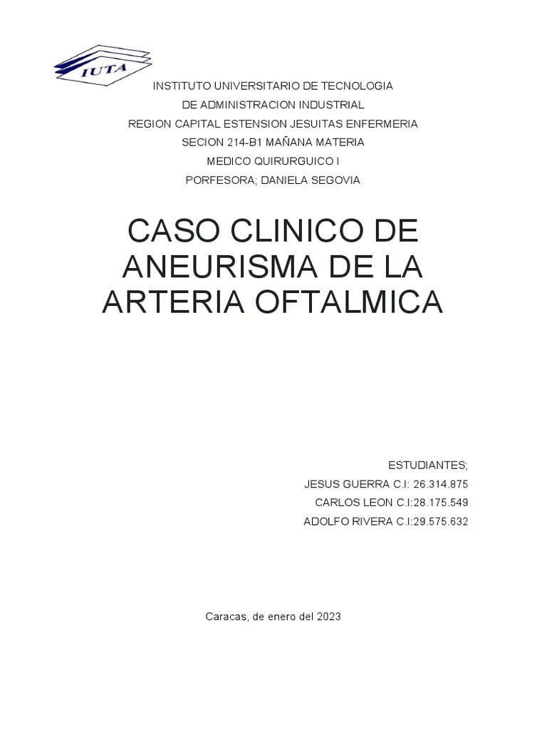Plan de cuidados para paciente post-operado de clipaje de aneurisma de la arteria oftálmica ...