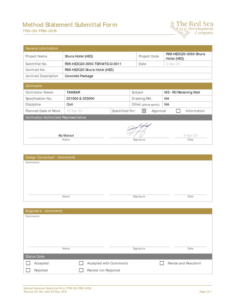 RC Retaining Wall Method Statement | PDF | Concrete | Occupational ...