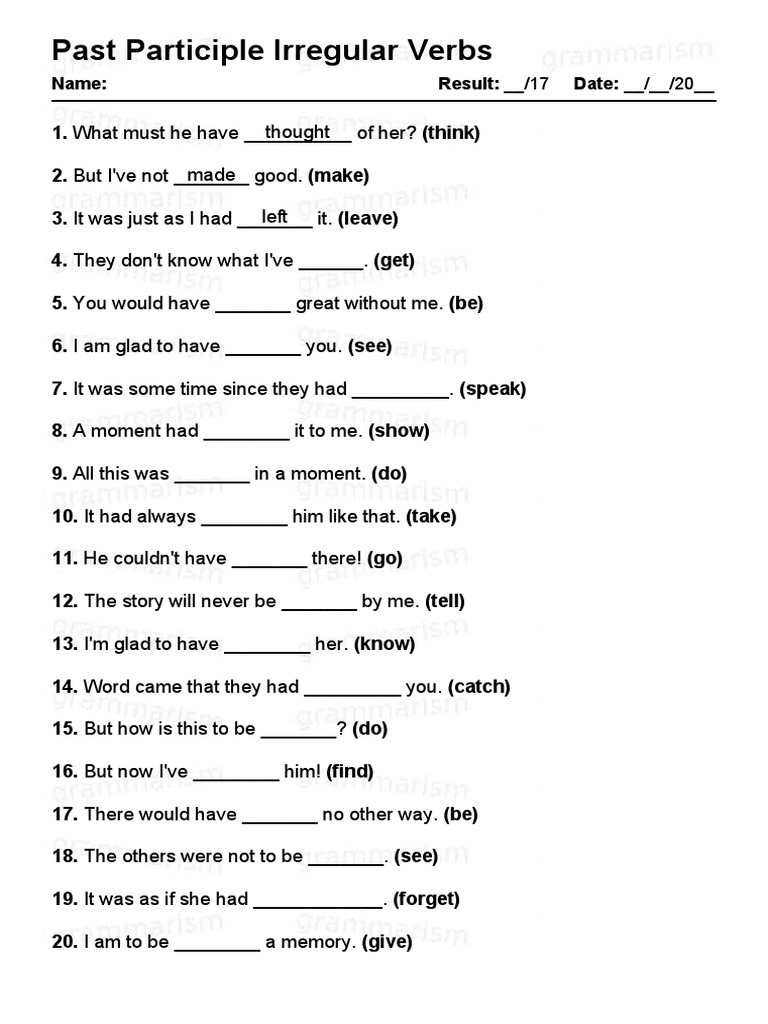 Grammarism Past Participle Irregular Test 1 1685591 | PDF