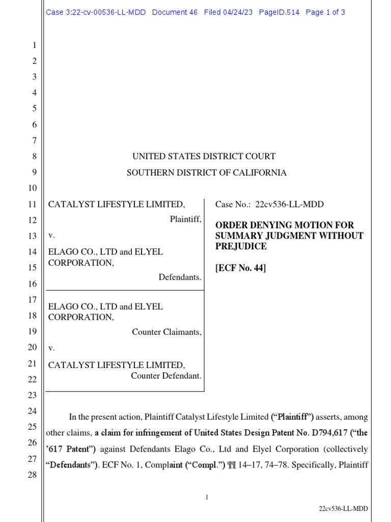 Patent Infringement Motion Denied | PDF | Summary Judgment | Plaintiff