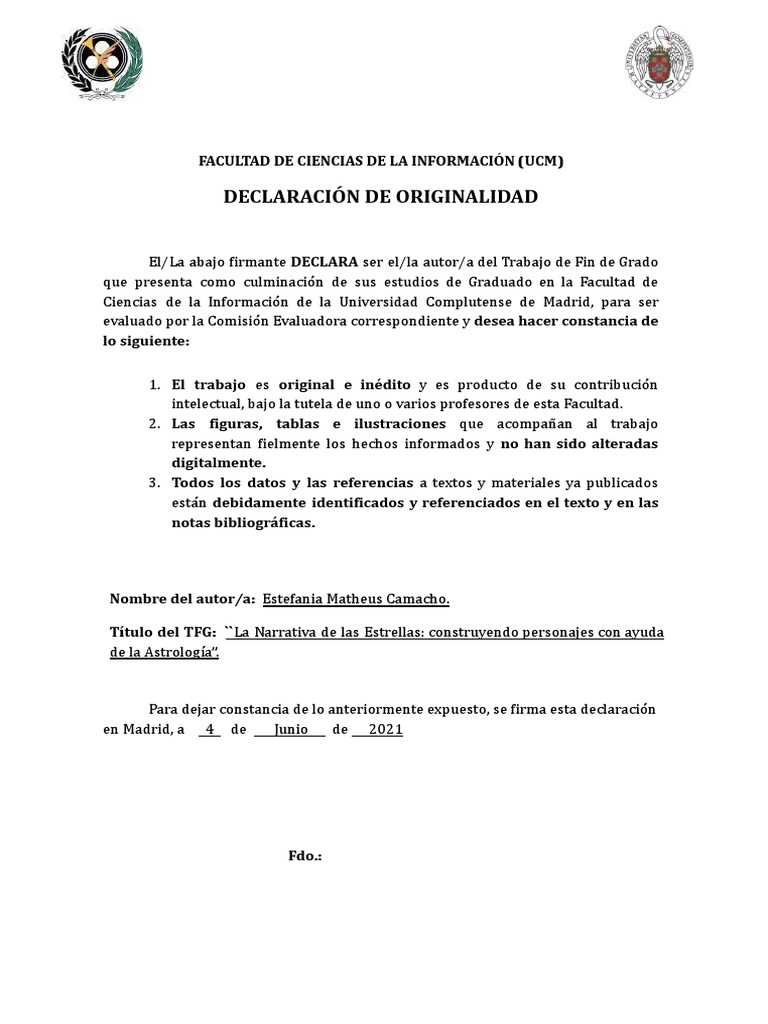 Declaración de Originalidad TFG | PDF