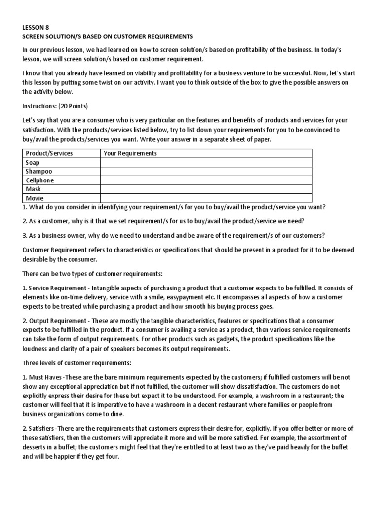 Lesson 8 Screen Solution/S Based On Customer Requirements | PDF ...