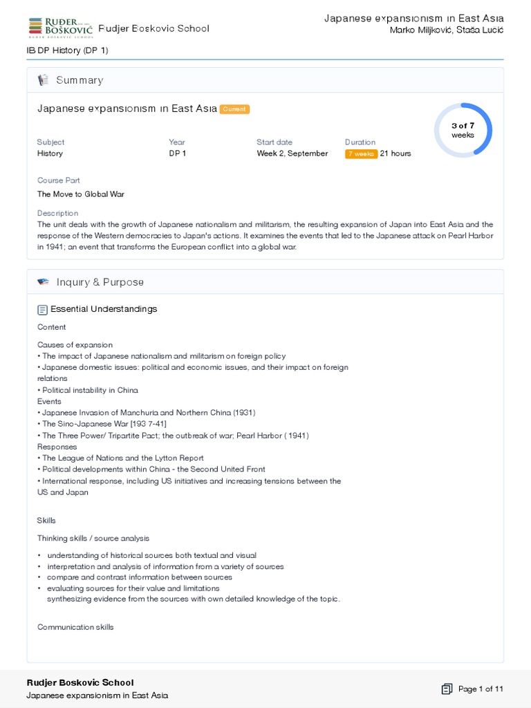 History Unit Planner Japanese Expansionism in East Asia M23 | PDF ...