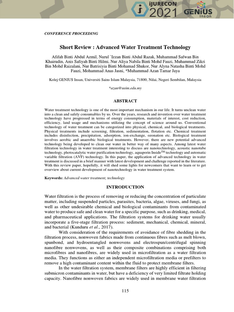 Short Review Advanced Water Treatment Technology | PDF | Water ...
