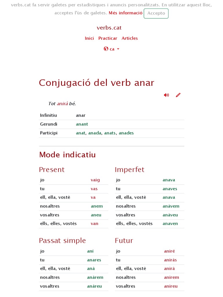Conjugació Del Verb Anar: Mode Indicatiu | PDF