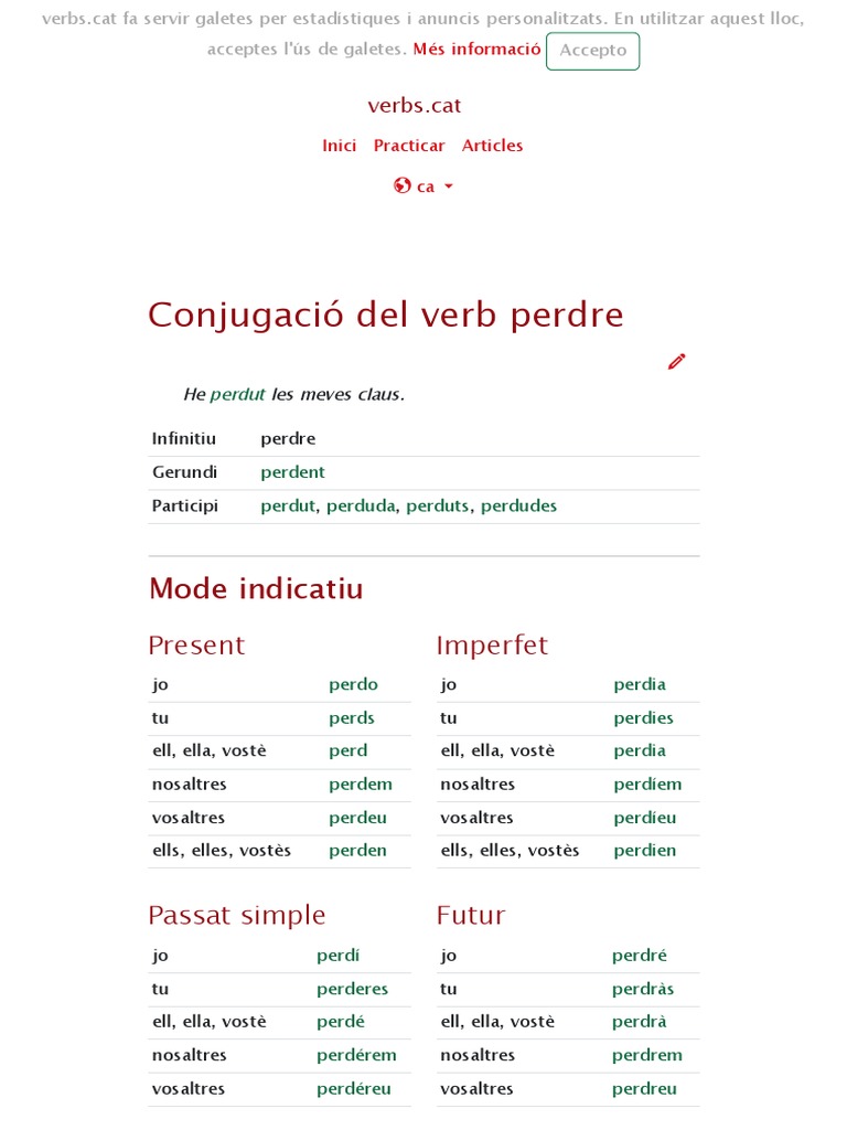 Conjugació Del Verb Perdre: Mode Indicatiu | PDF