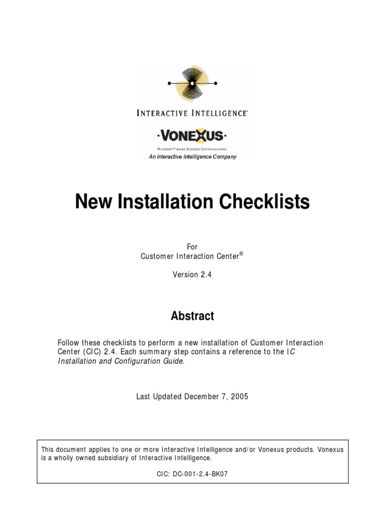 New Install Checklists CIC 24 | PDF