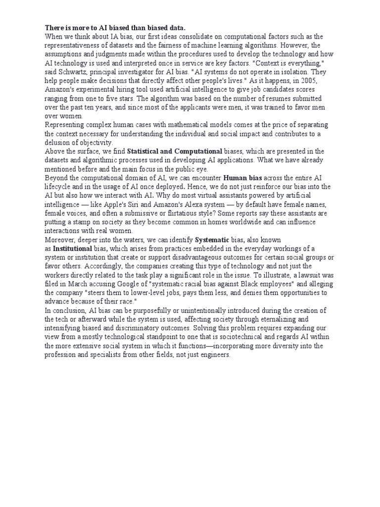 AI Bias Essay | PDF | Artificial Intelligence | Intelligence (AI ...