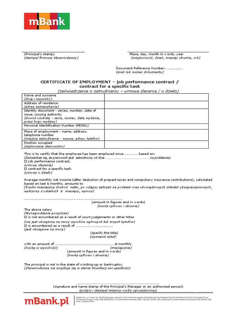 Zaswiadczenie o Umowie Zlecenia - Wersja W J.angielskim | PDF