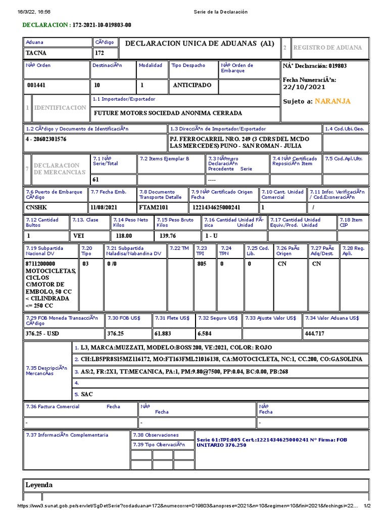 Declaracion Unica de Aduanas (A1) | PDF