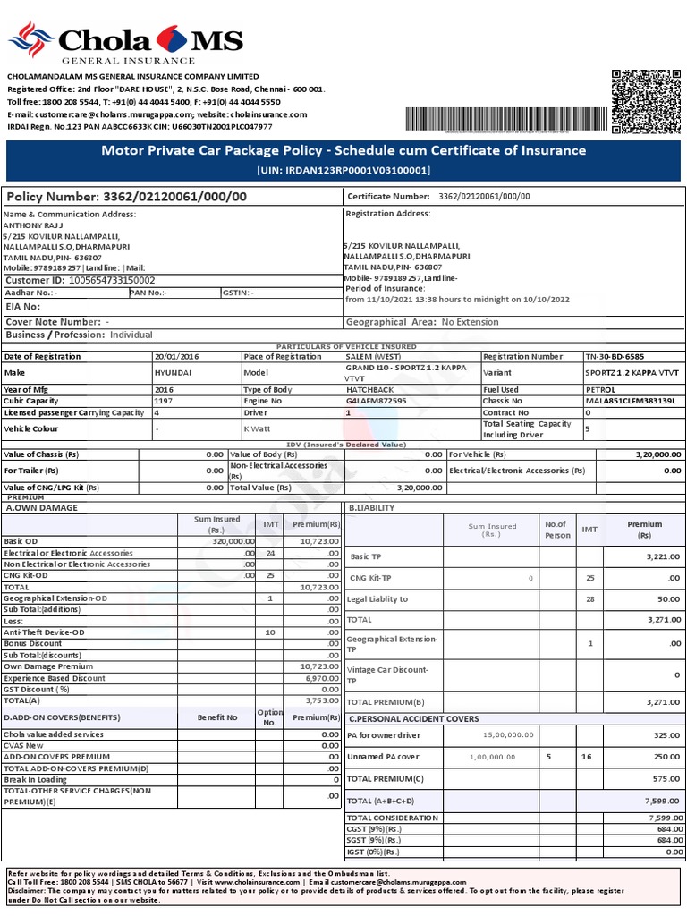 Motor Private Car Package Policy Schedule Cum Certificate of Insurance ...