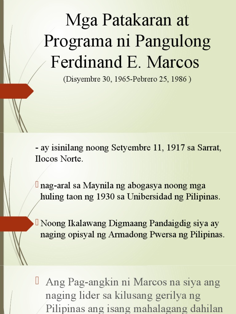 Mga Patakaran at Programa Ni Pangulong Ferdinand E. Marcos: (Disyembre ...