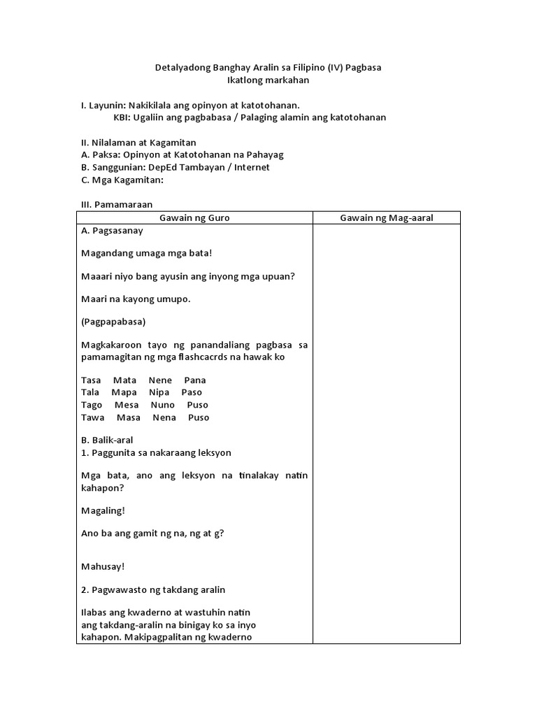 Detalyadong Banghay Aralin Sa Filipino | PDF