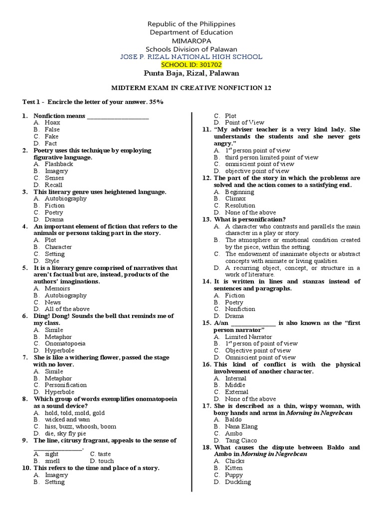 Midterm Exam: Creative Nonfiction 12 | PDF | Narration | The Arts