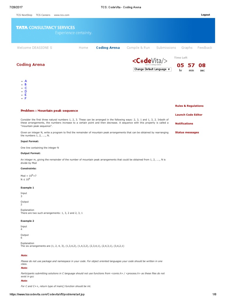 TCS - CodeVita - Coding Arena | PDF | Collation | Trajectory