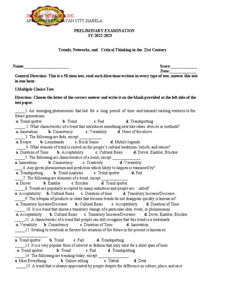 Trends Preliminary Examination | PDF