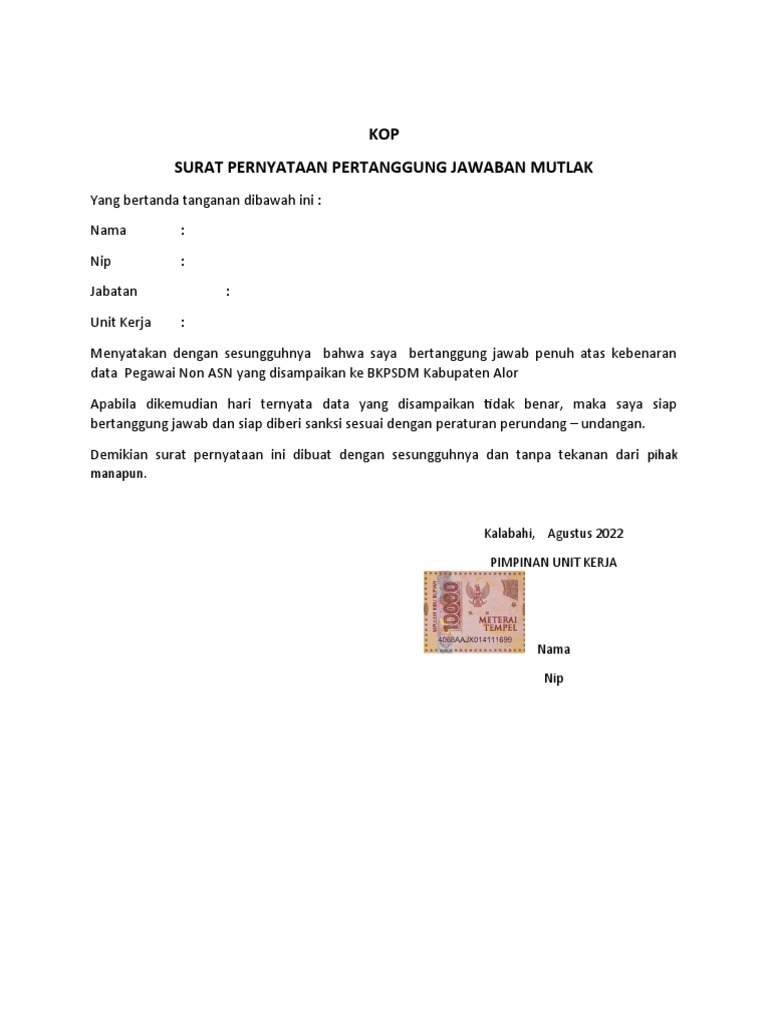 Contoh Surat Pernyataan Kepala OPD | PDF