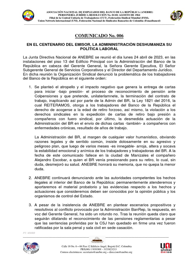 Comunicado No. 006 ANEBRE | PDF | Sindicato