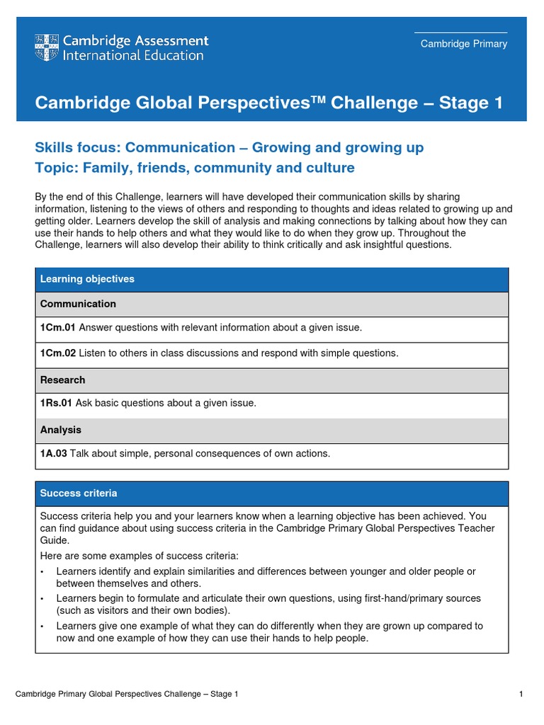 Cambridge Global Perspectives Challenges Stage 1 Growing and Growing Up ...