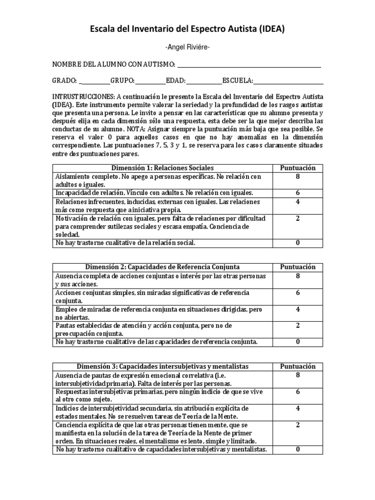 Escala Del Espectro Autista - IDEA | PDF | Espectro autista | Síndrome ...