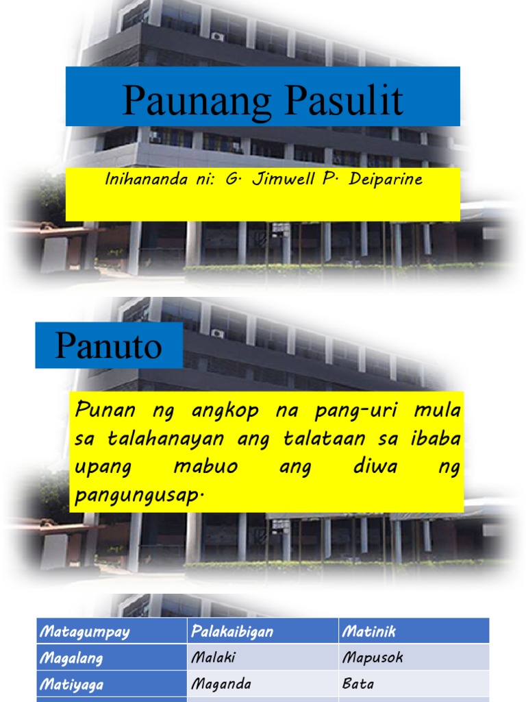 Paunang Pasulit: Inihananda Ni: G. Jimwell P. Deiparine | PDF