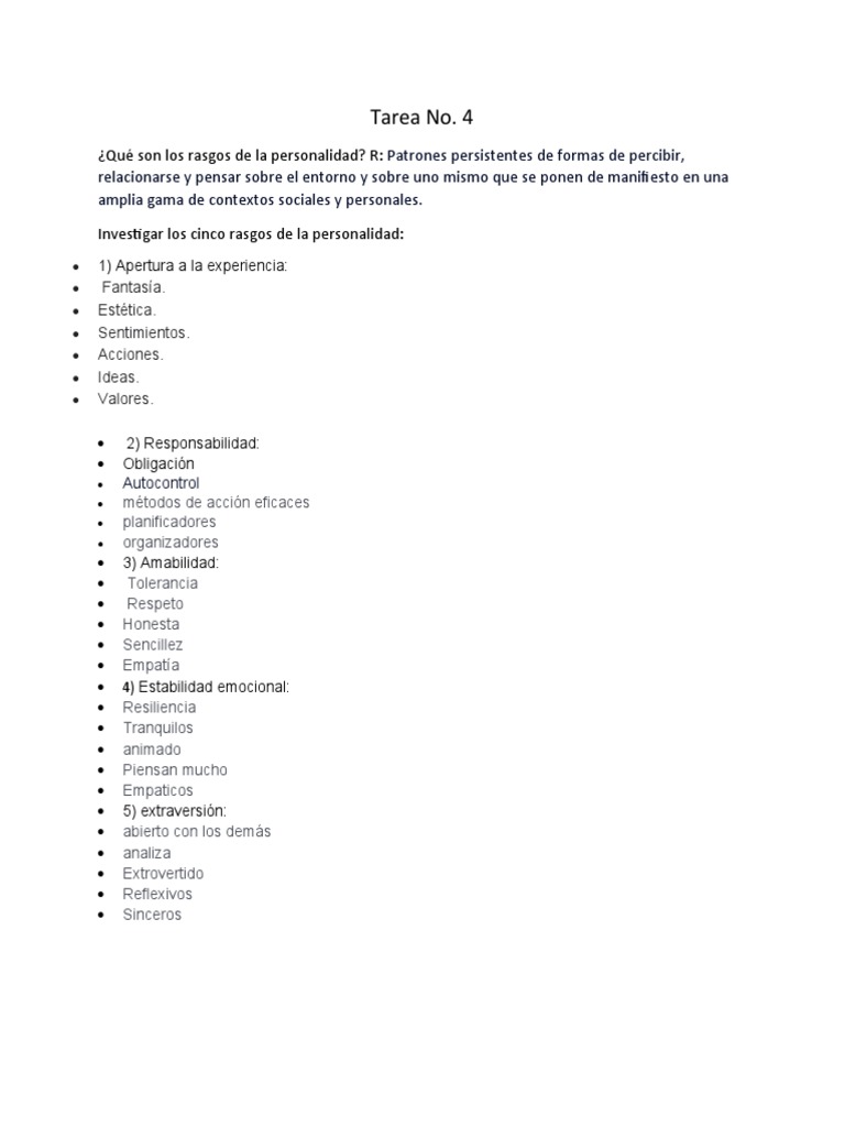 Tarea No. 4: ¿Qué Son Los Rasgos de La Personalidad? R | PDF