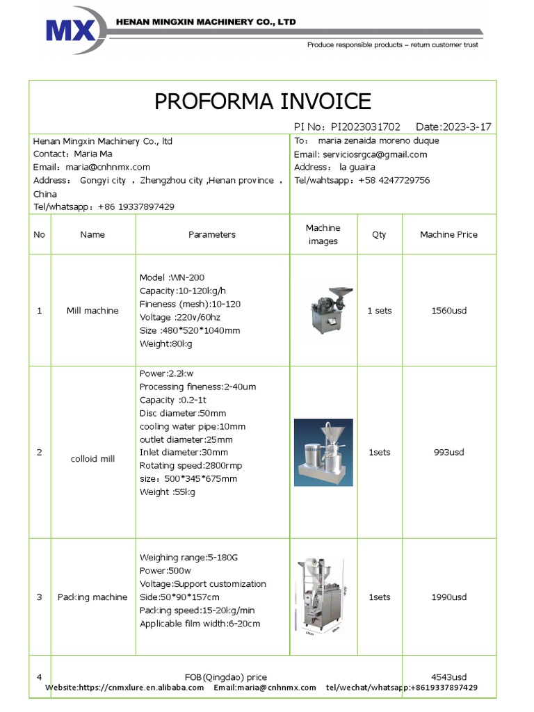 Proforma Invoice: PI No PI2023031702 Date:2023-3-17 | PDF
