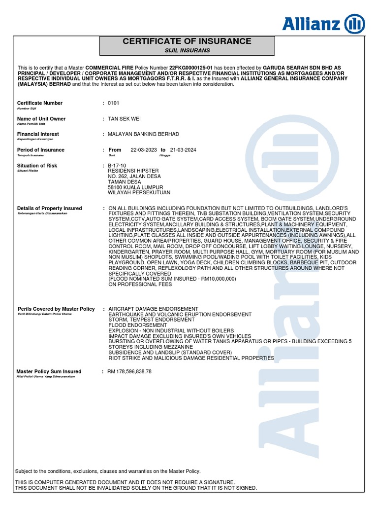 Certificate of Insurance: Sijil Insurans | PDF