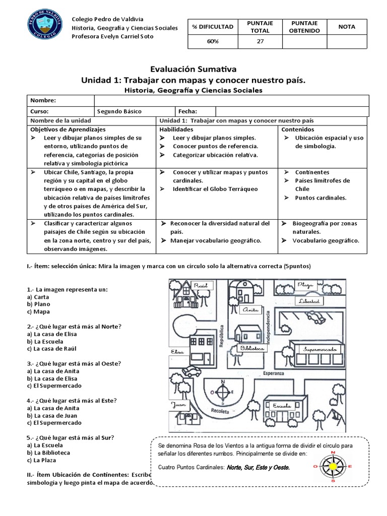 Evaluación Sumativa Unidad 1: Trabajar Con Mapas y Conocer Nuestro País | PDF | Color | Continente