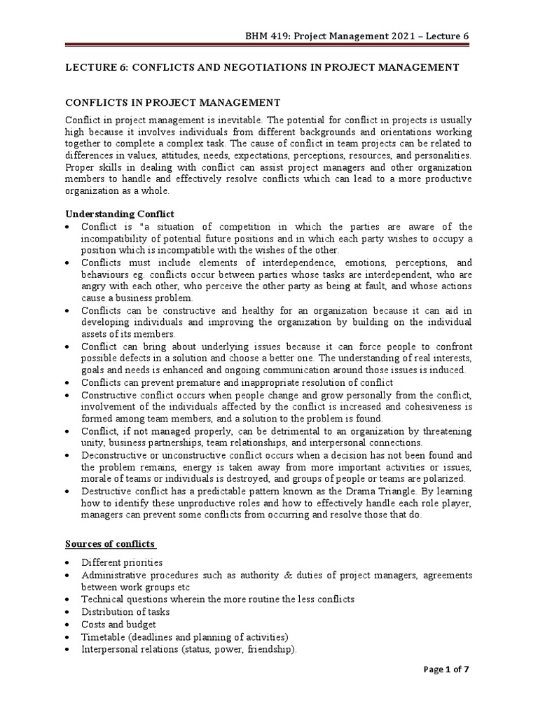 Lecture 6 - Conflicts and Negotiations in Project Management | PDF ...