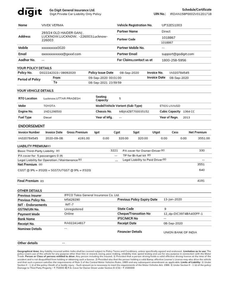 Digit Car Insurance Policy Details | PDF | Civil Law (Legal System ...