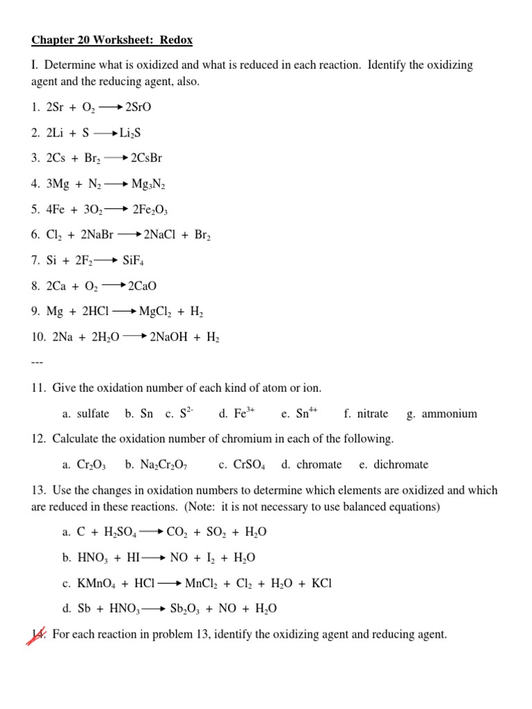 Chapter 20 Worksheet Redox WS | PDF | Redox | Chemical Reactions Chapter 20 Worksheet Redox WS | PDF | Redox | Chemical Reactions