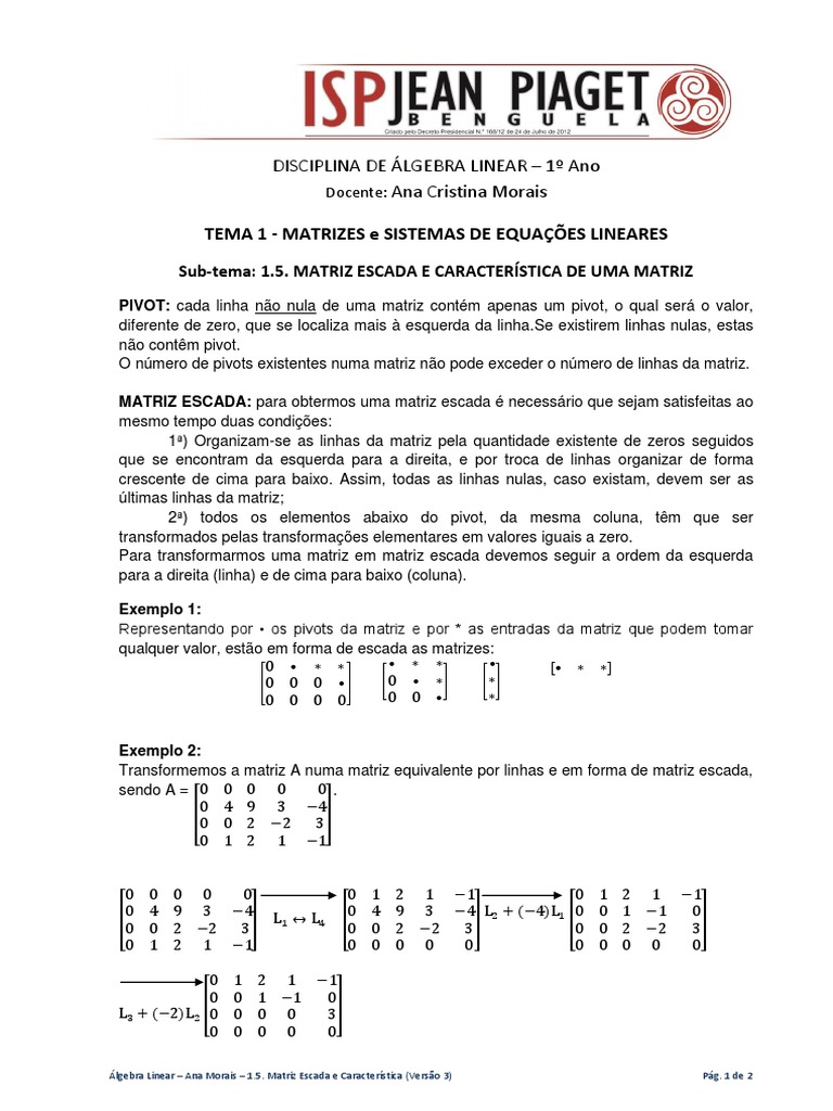 1.5. Matriz Escada e Característica de Uma Matriz (Versão 3) | PDF | Matriz (Matemática ...