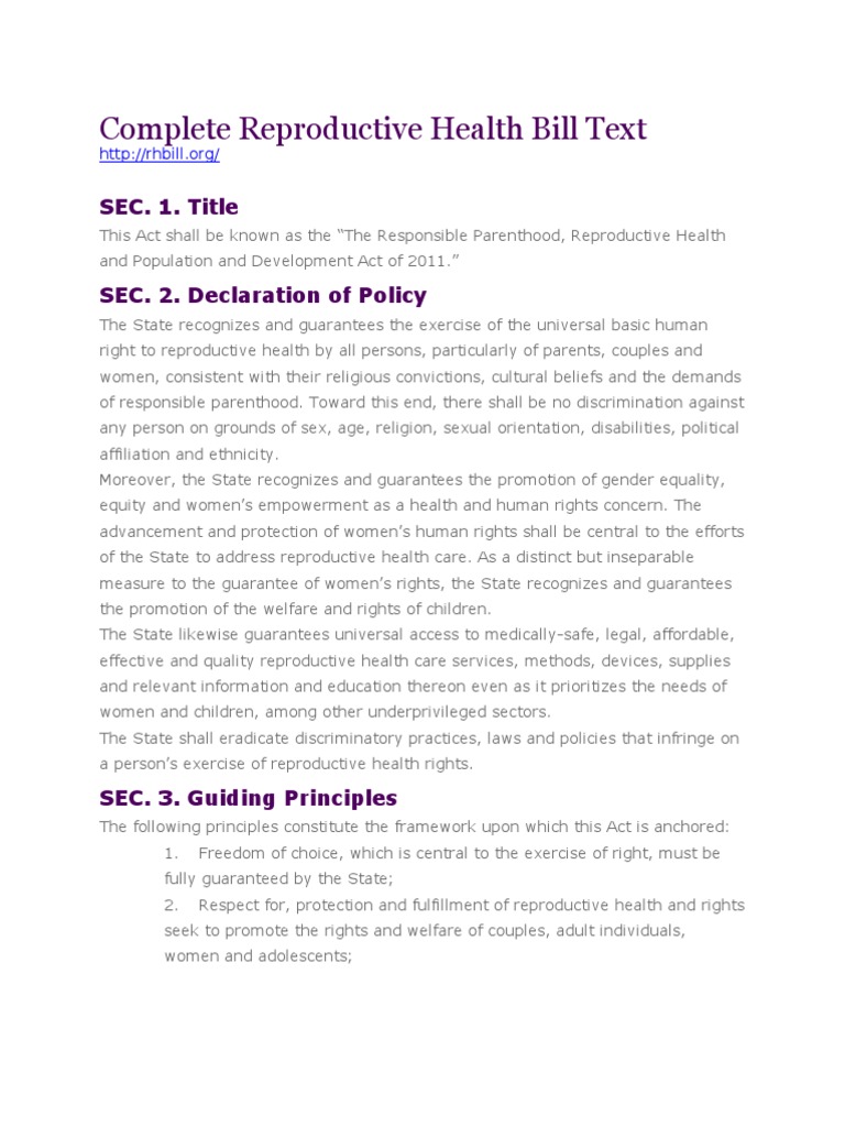 Complete Reproductive Health Bill Text | PDF | Reproductive Health ...