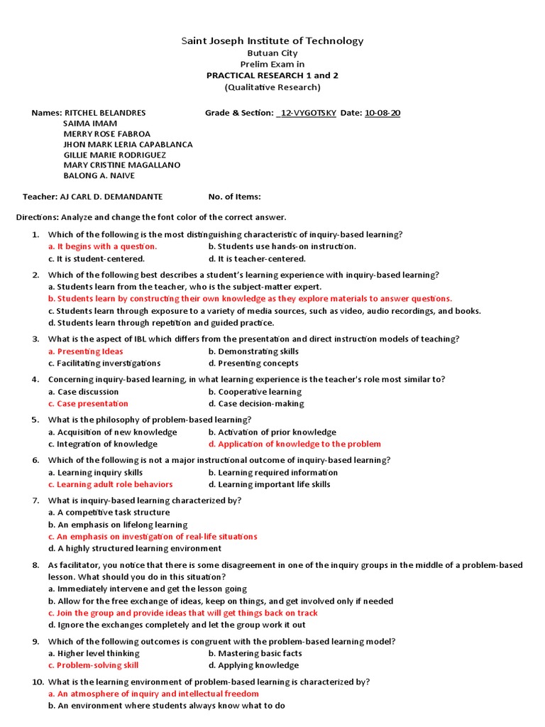 Prelim Exam in Practical Research 1 and 2 (Qualitative Research): Analyzing Questions on Inquiry ...