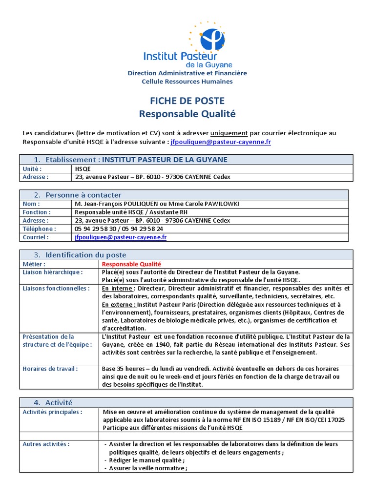 Fiche de Poste : Responsable Qualité | PDF | Management de la qualité ...