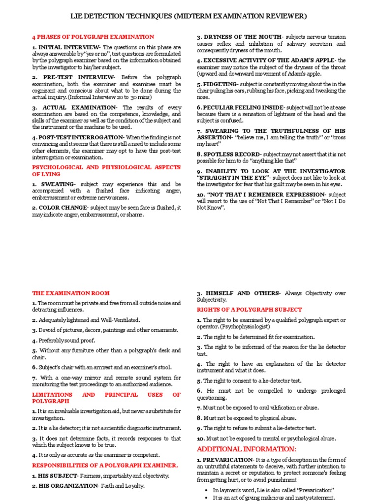 Lie Detection Techniques Reviewer Midterm Pdf Polygraph Deception