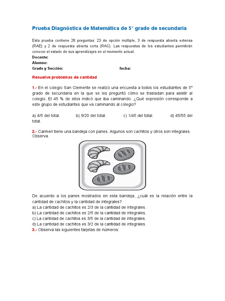 Prueba de Matemática de 5 Diagnostica | PDF | Tren | Agua