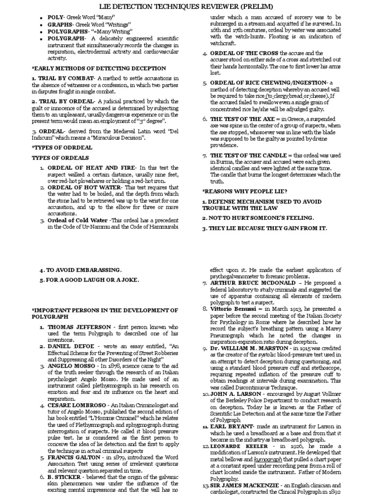 Lie Detection Techniques Reviewer (Updated) | PDF | Lie | Polygraph
