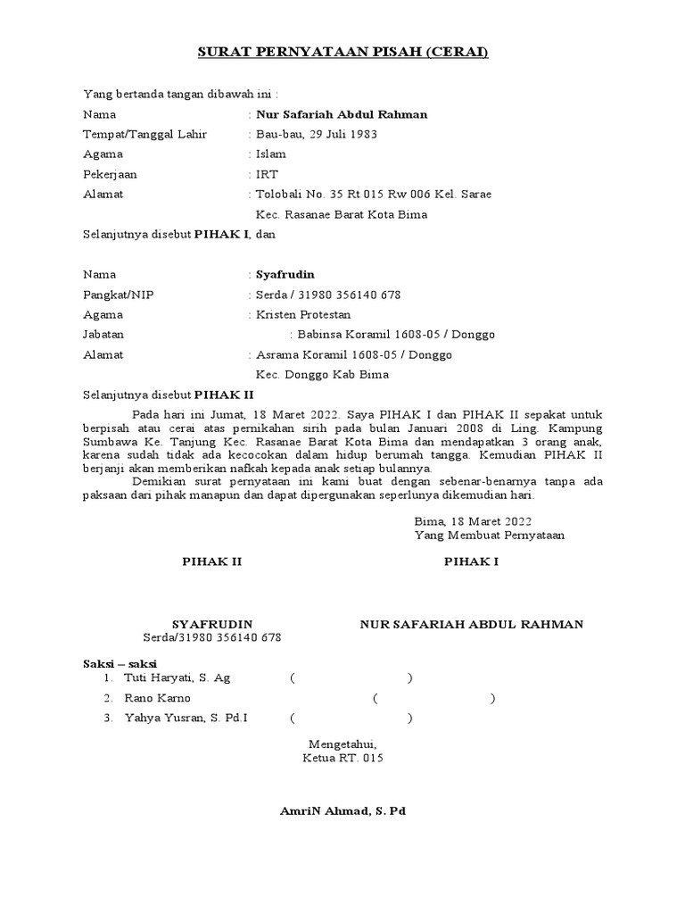 SURAT PERNYATAAN PISAH Cerai | PDF