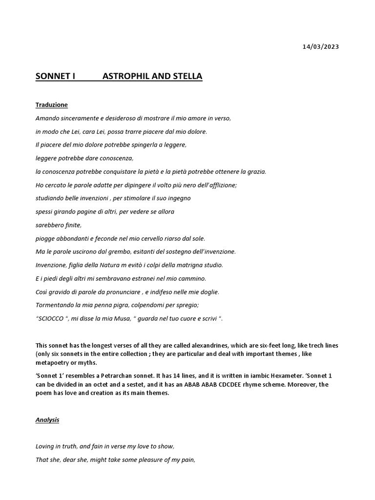 Sonnet I Astrophil and Stella | PDF | Sonnets | Poetry