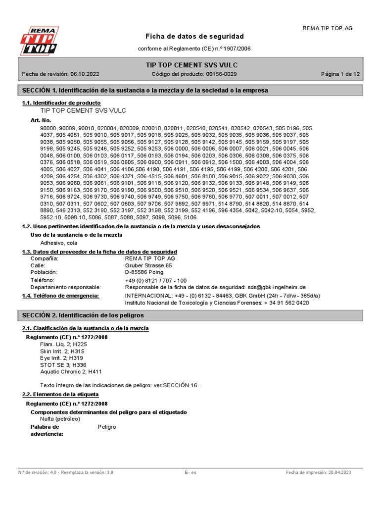 Ficha de Datos de Seguridad: Tip Top Cement Svs Vulc | PDF | Dióxido de ...