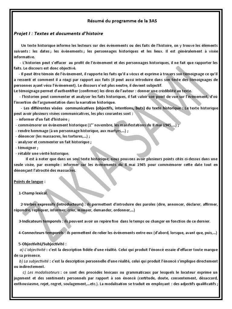 Projet I: Textes Et Documents D'histoire: Résumé Du Programme de La 3AS ...