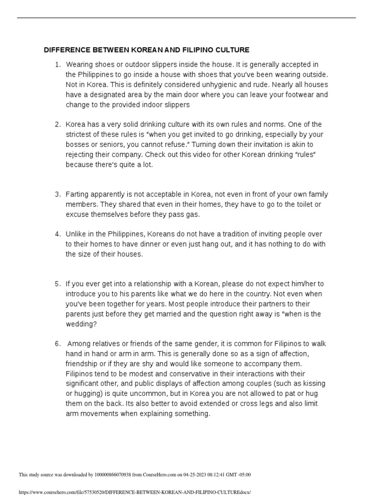 Difference Between Korean and Filipino Culture | PDF