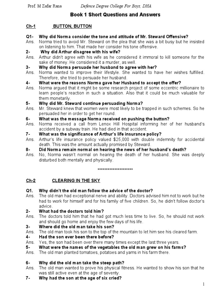 Book 1 Short Questions and Answers | PDF
