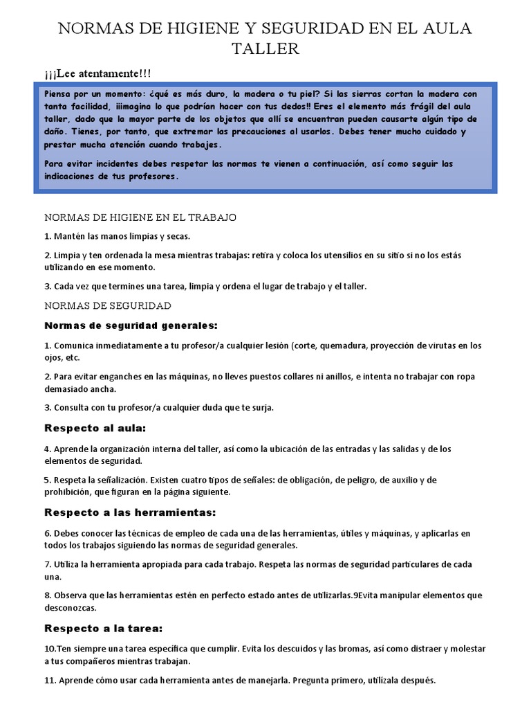 Normas de Higiene y Seguridad en Taller | PDF