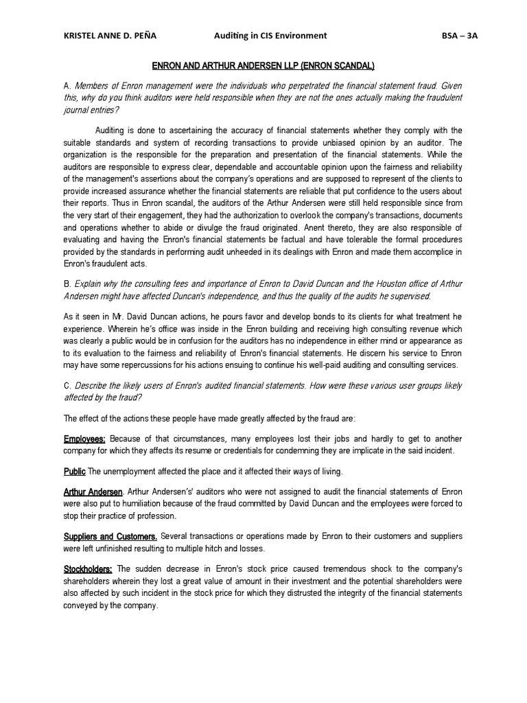 Kristel Anne Pena - BSA-3A - Auditing in CIS - Activity 2 | PDF ...